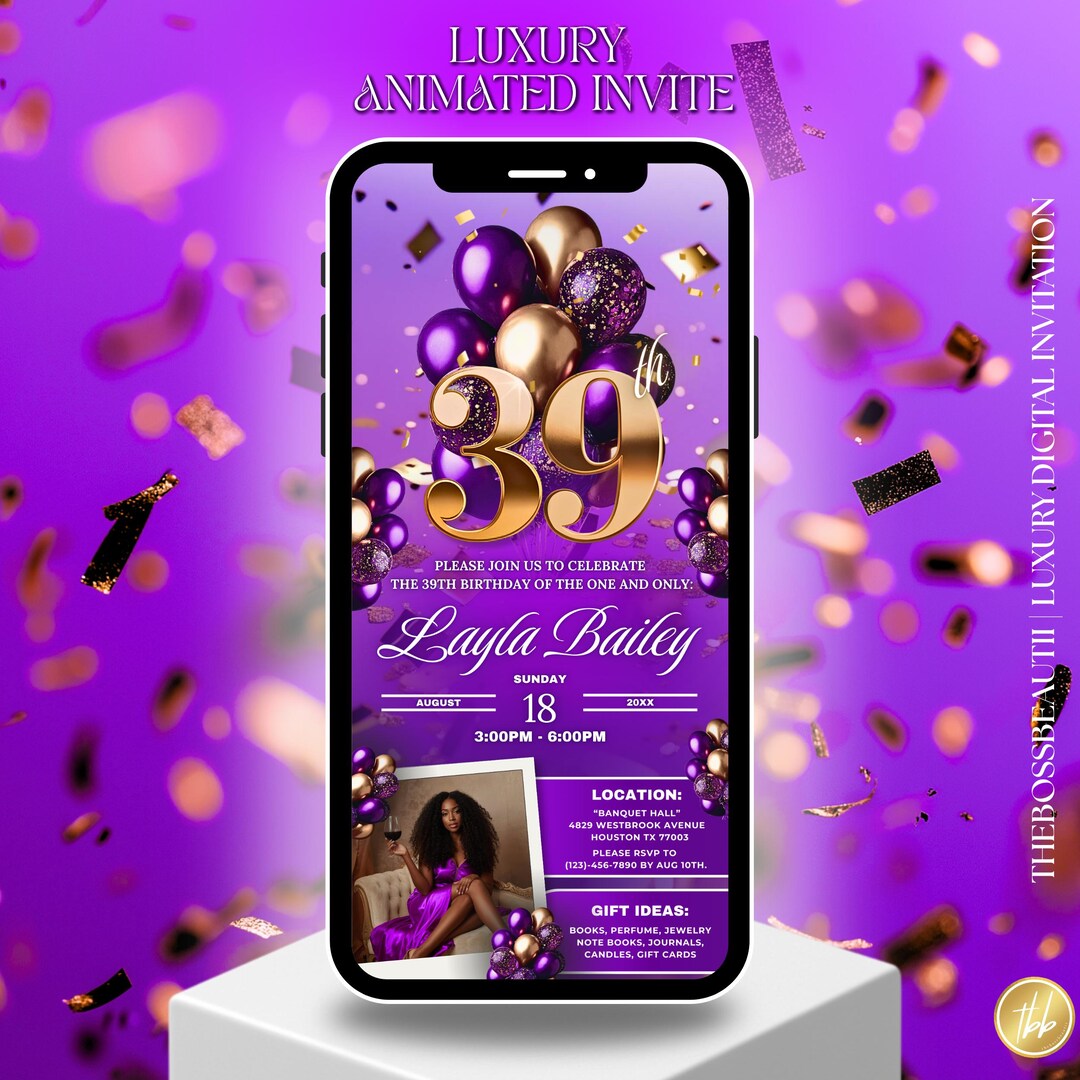 39th Purple and Gold Birthday Invitation With Picture, Turning Thirty ...