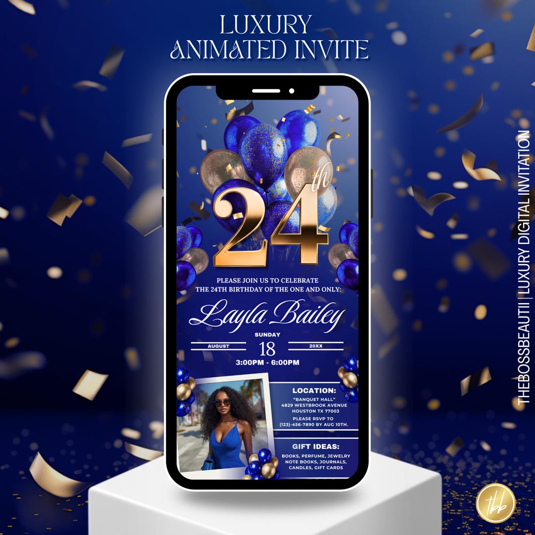 24th Luxury Blue and Gold Birthday Invitation With Picture, Turning ...