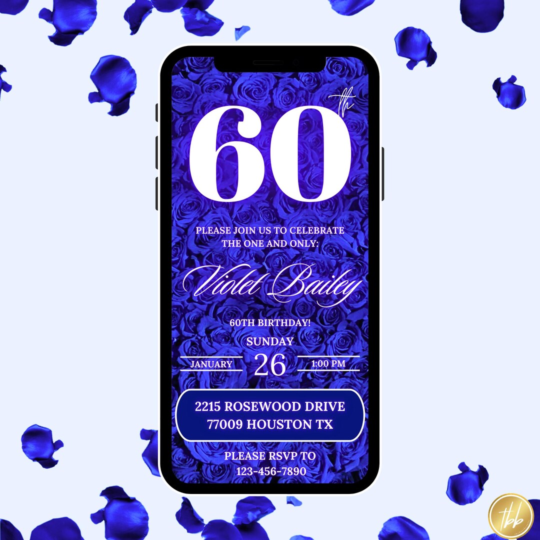 60th Blue Rose Birthday Digital Invitation, Birthday Party Evite . 60 ...