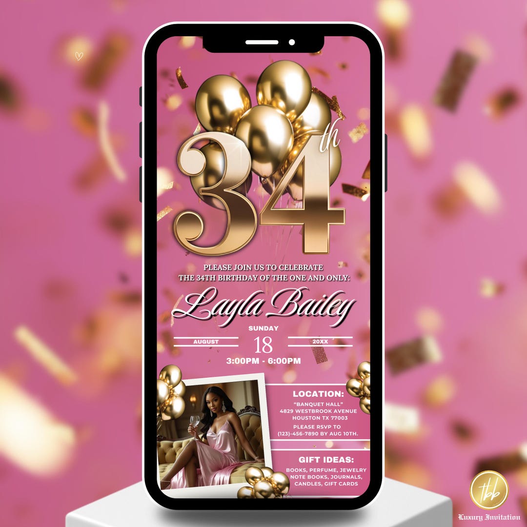 34th Luxury Pink and Gold Birthday Invitation With Picture, She's ...