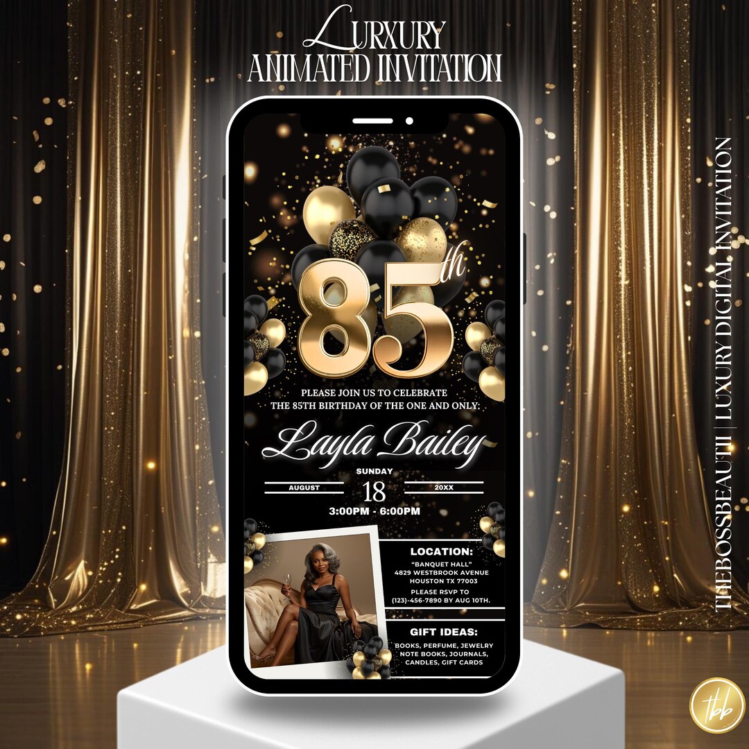 85th Luxury Black and Gold Birthday Invitation With Picture, Turning ...
