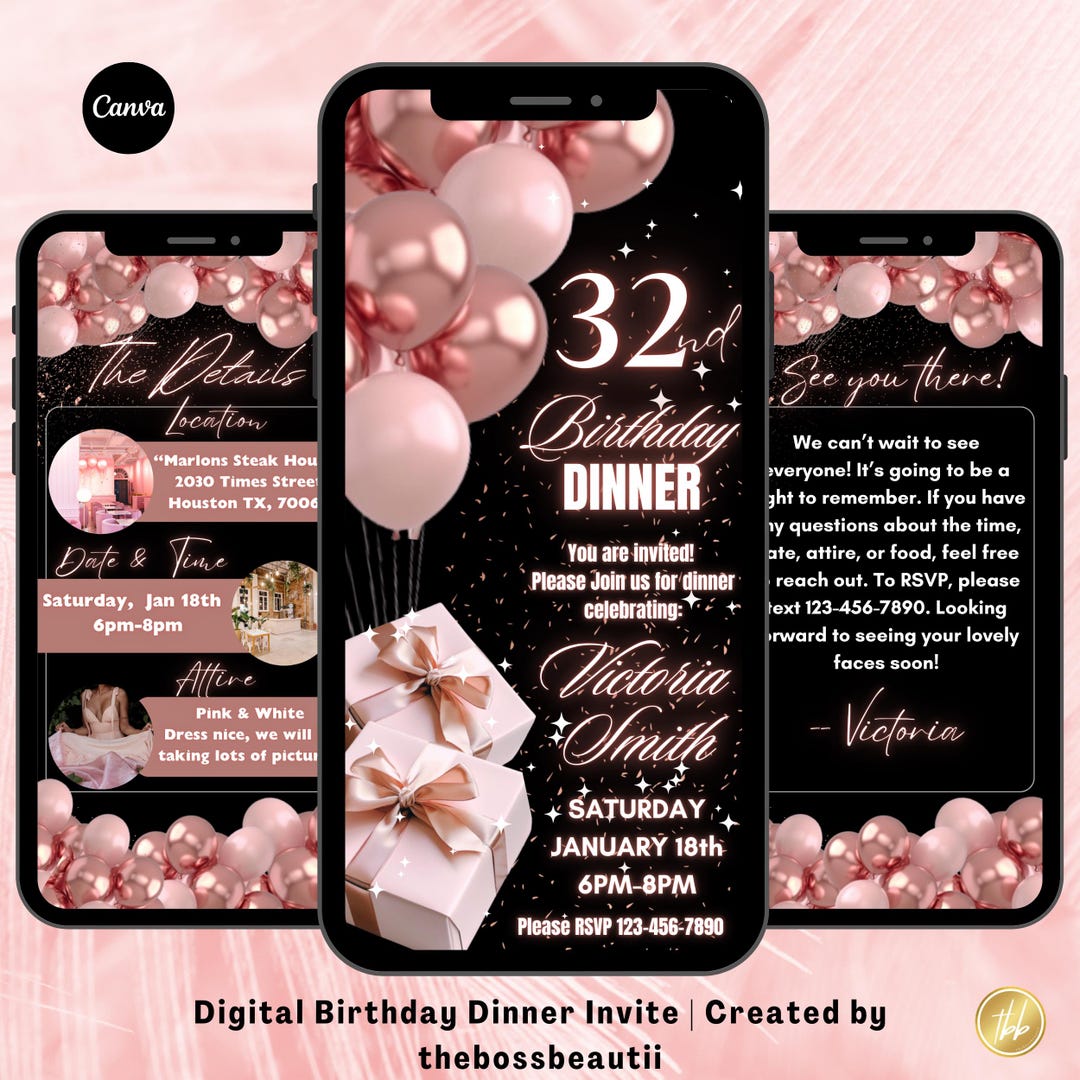 32nd Pink Birthday Dinner Digital Invitation, 32nd Birthday Evite, Edit ...