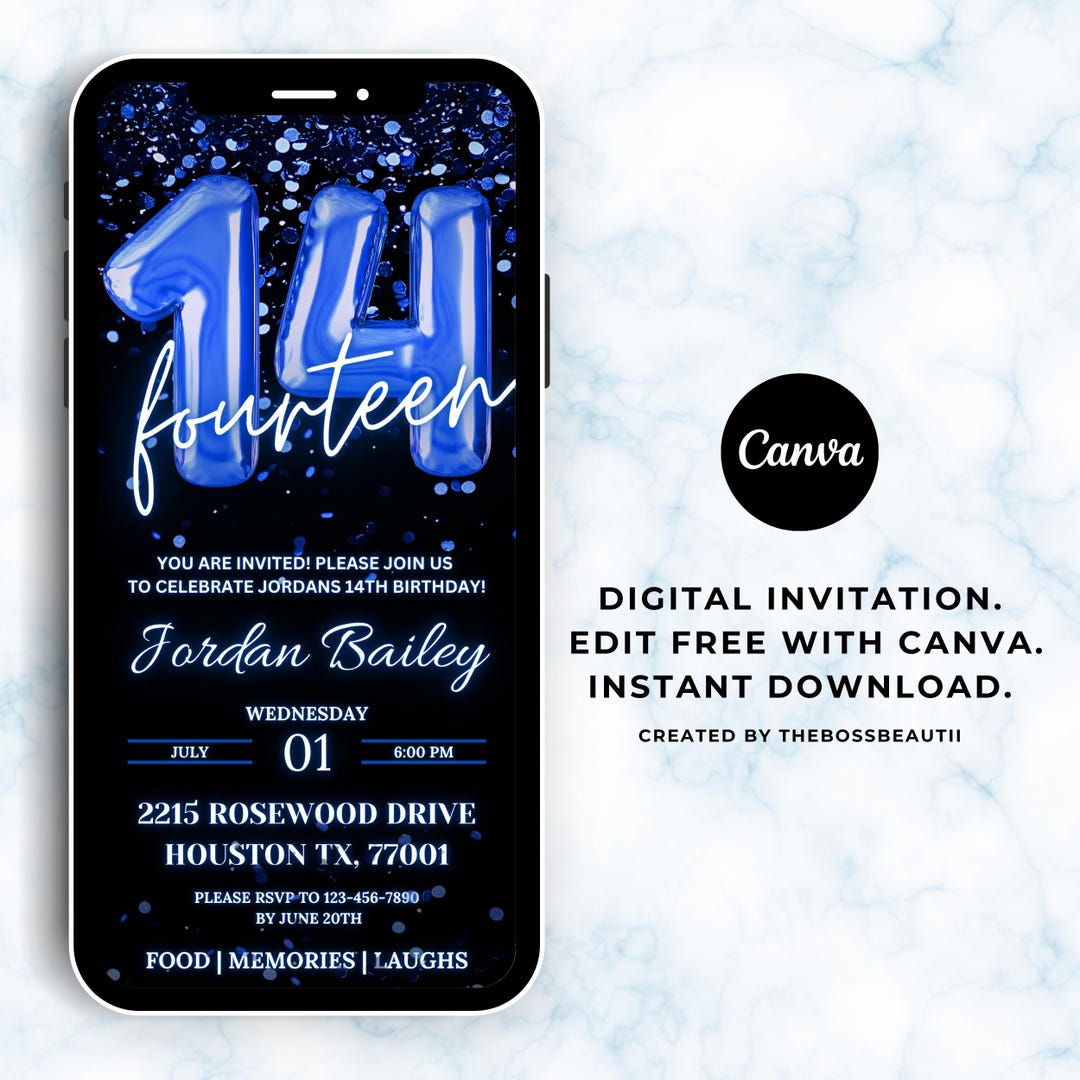 14th Blue Digital Invitation, Birthday Evite, Edit in Canva, 14th Bday ...
