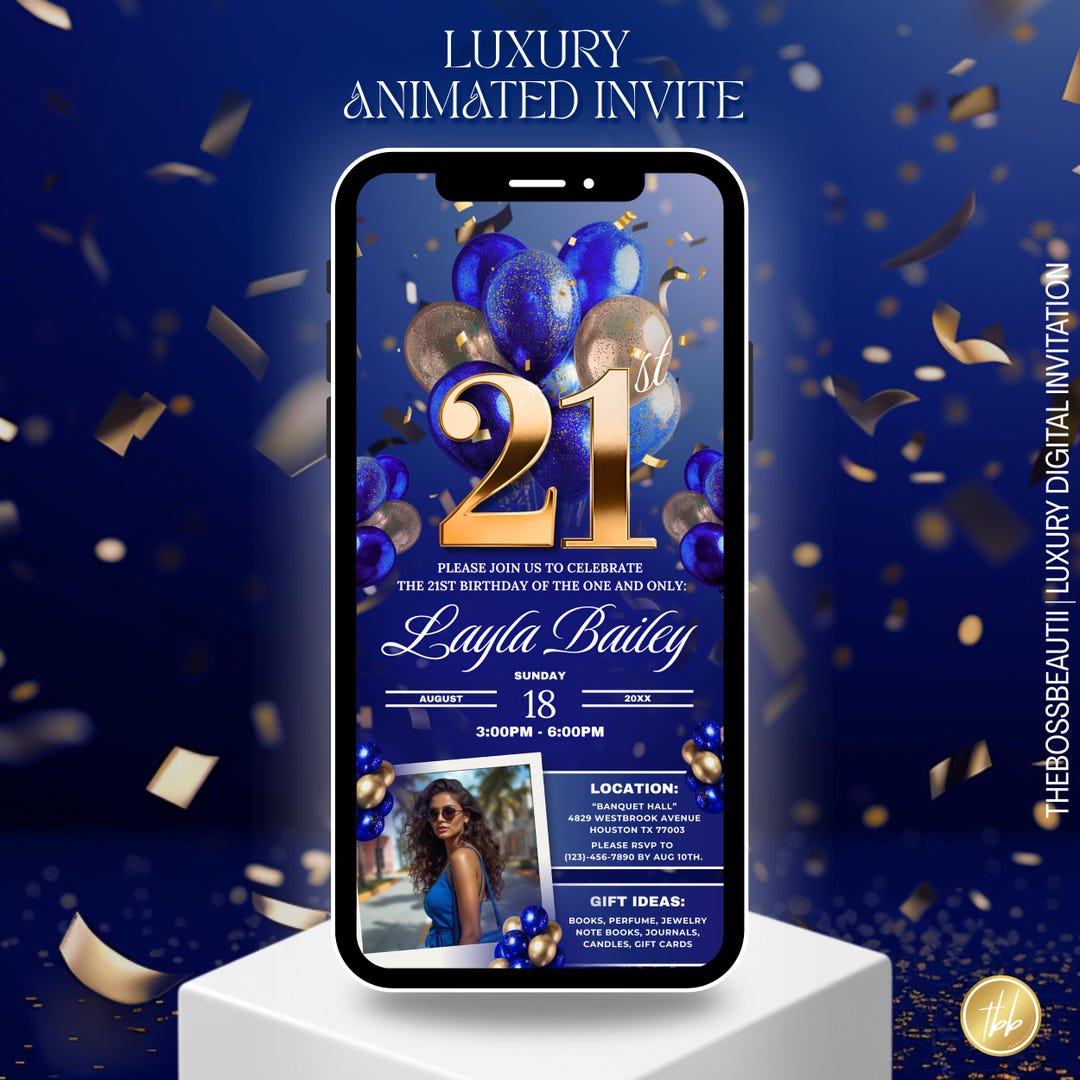 21st Luxury Blue and Gold Birthday Invitation With Picture, Turning ...
