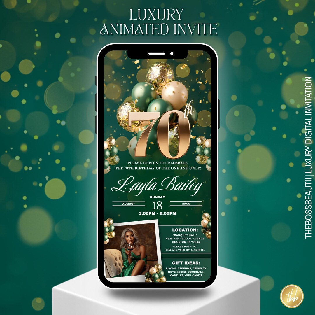 70th Luxury Green and Gold Birthday Invitation With Picture, Turning ...