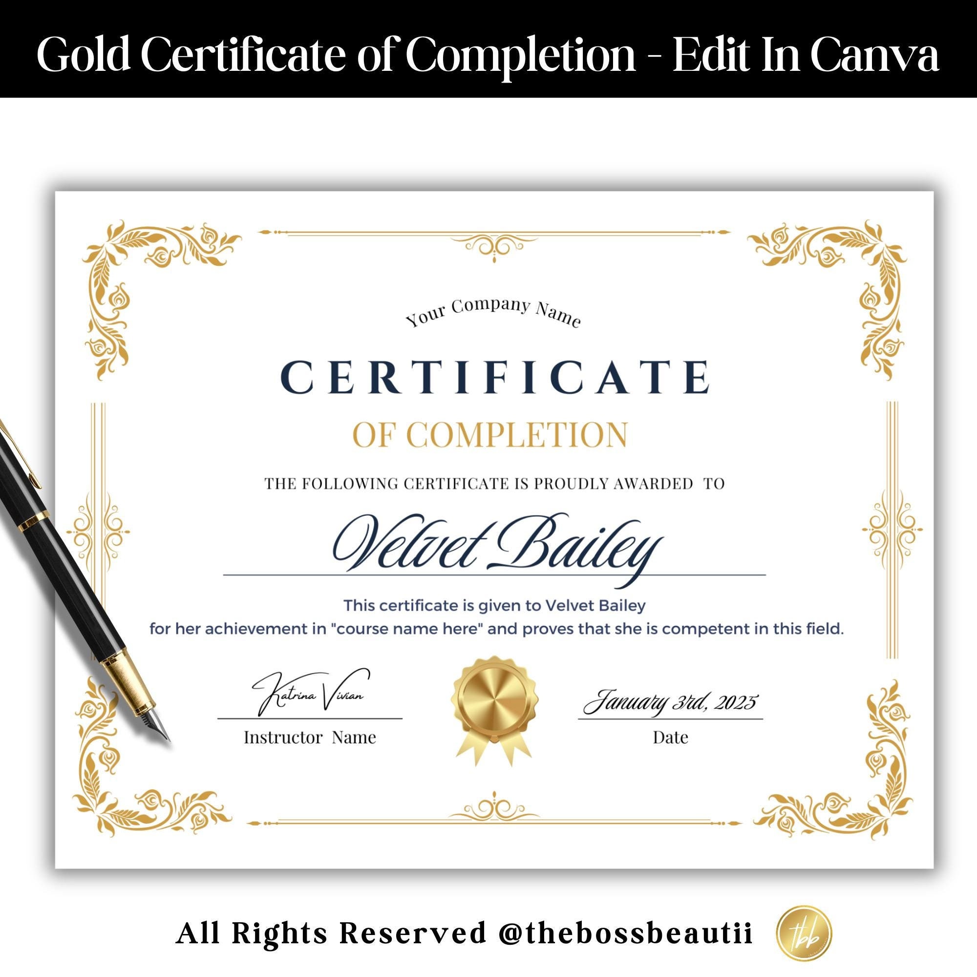 Gold Certificate of Completion Template, Beauty DIY Certificate, Gold ...