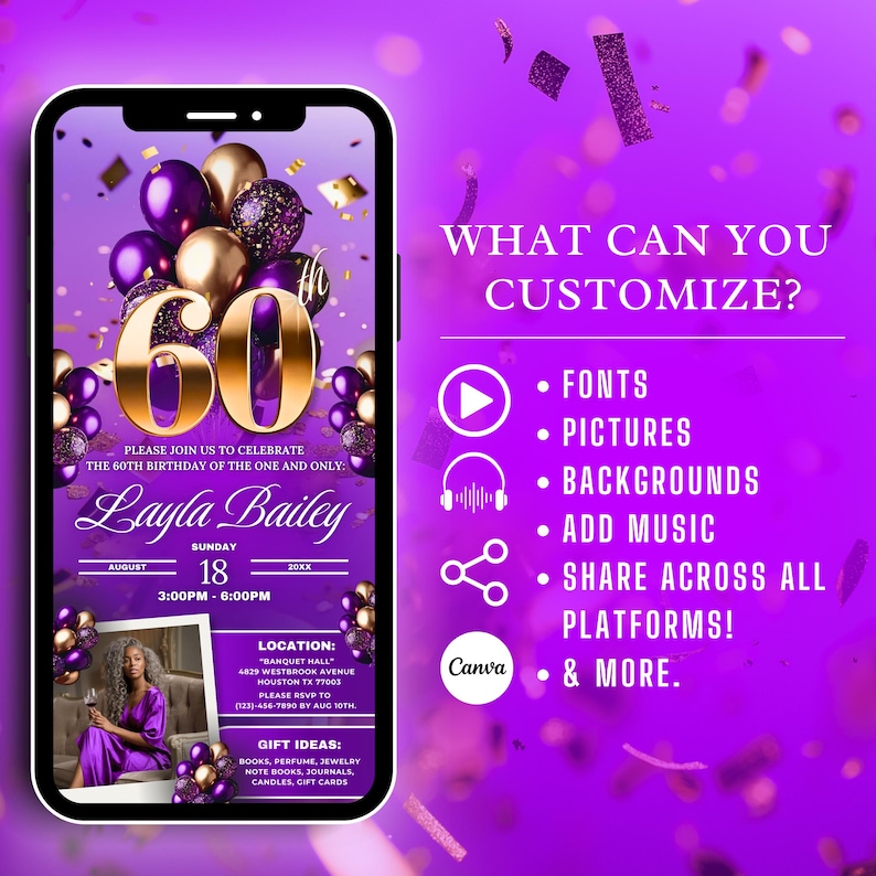 60th Purple and Gold Birthday Invitation With Picture, Turning Sixty ...
