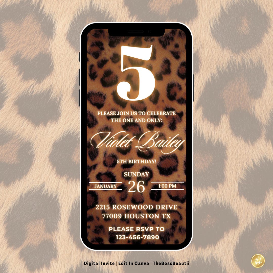 5th Leopard Print Birthday Digital Invitation, Birthday Party Evite . 5 ...