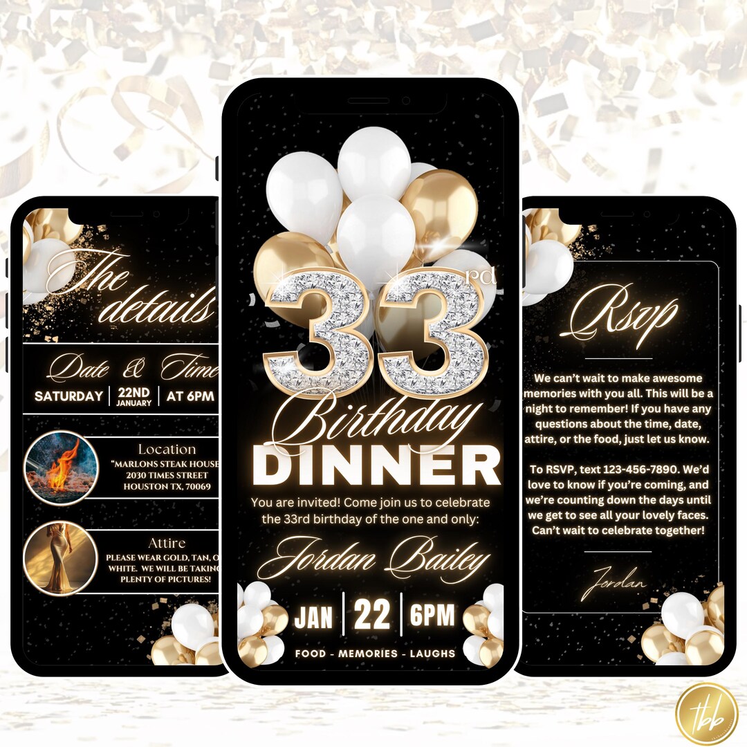 33rd Luxury Diamond Gold and White Birthday Party/dinner Digital ...