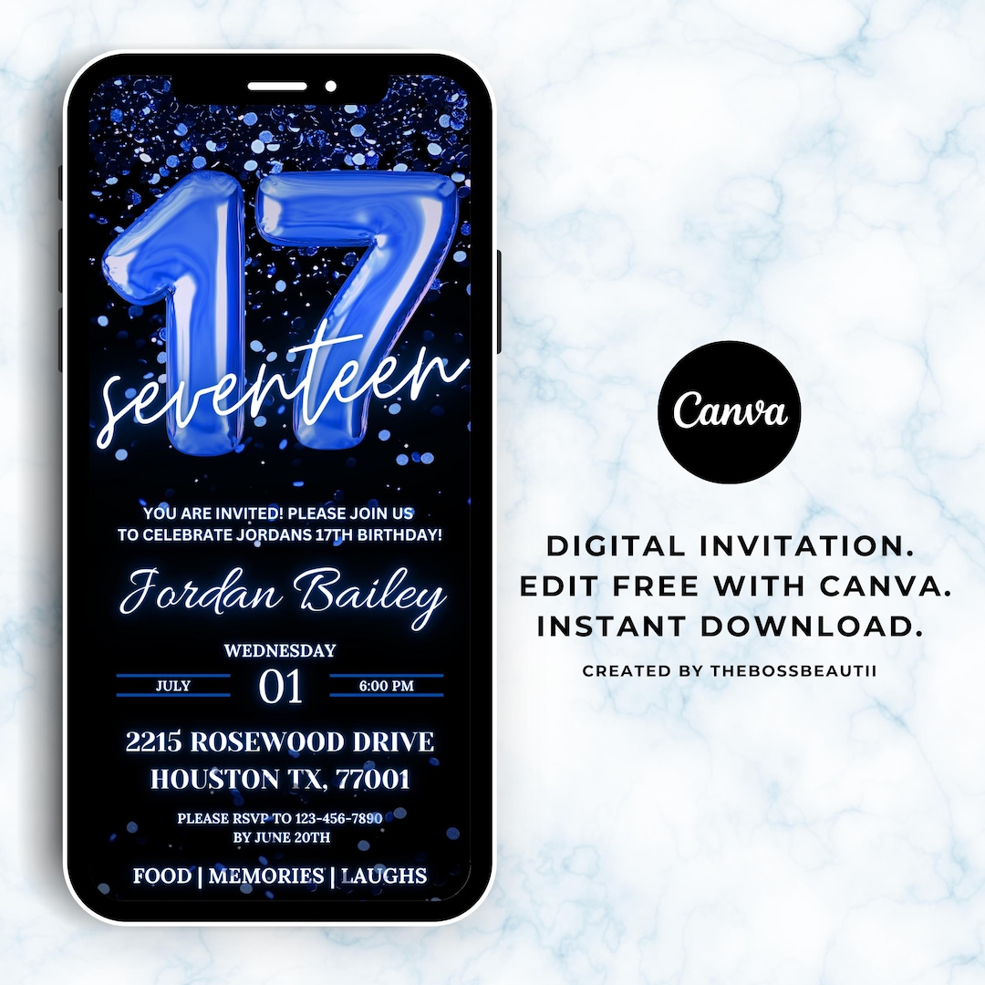 17th Blue Digital Invitation, Birthday Evite, Edit in Canva, 17th Bday ...