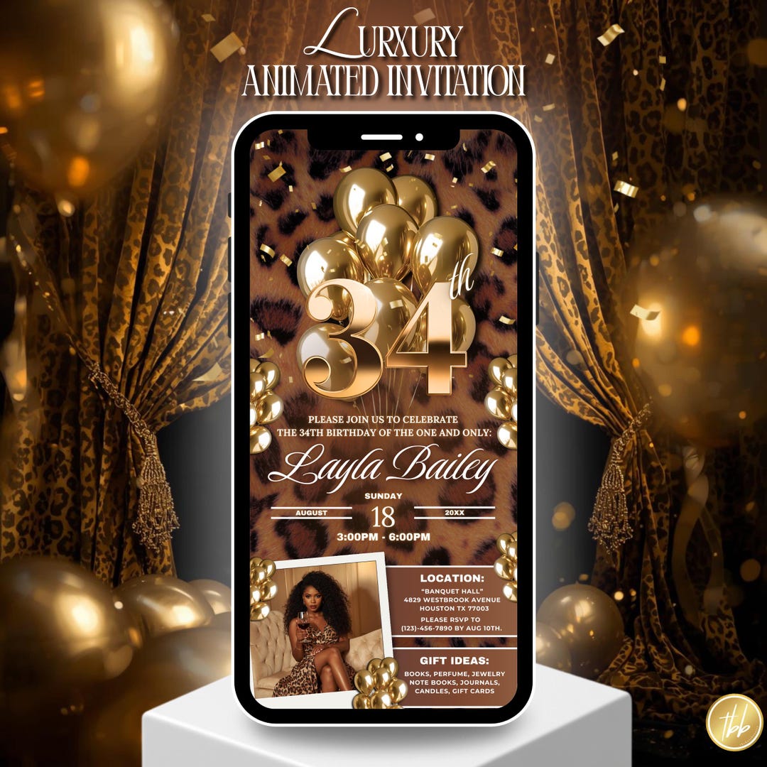 34th Luxury Leopard Print and Gold Birthday Invitation With Picture ...