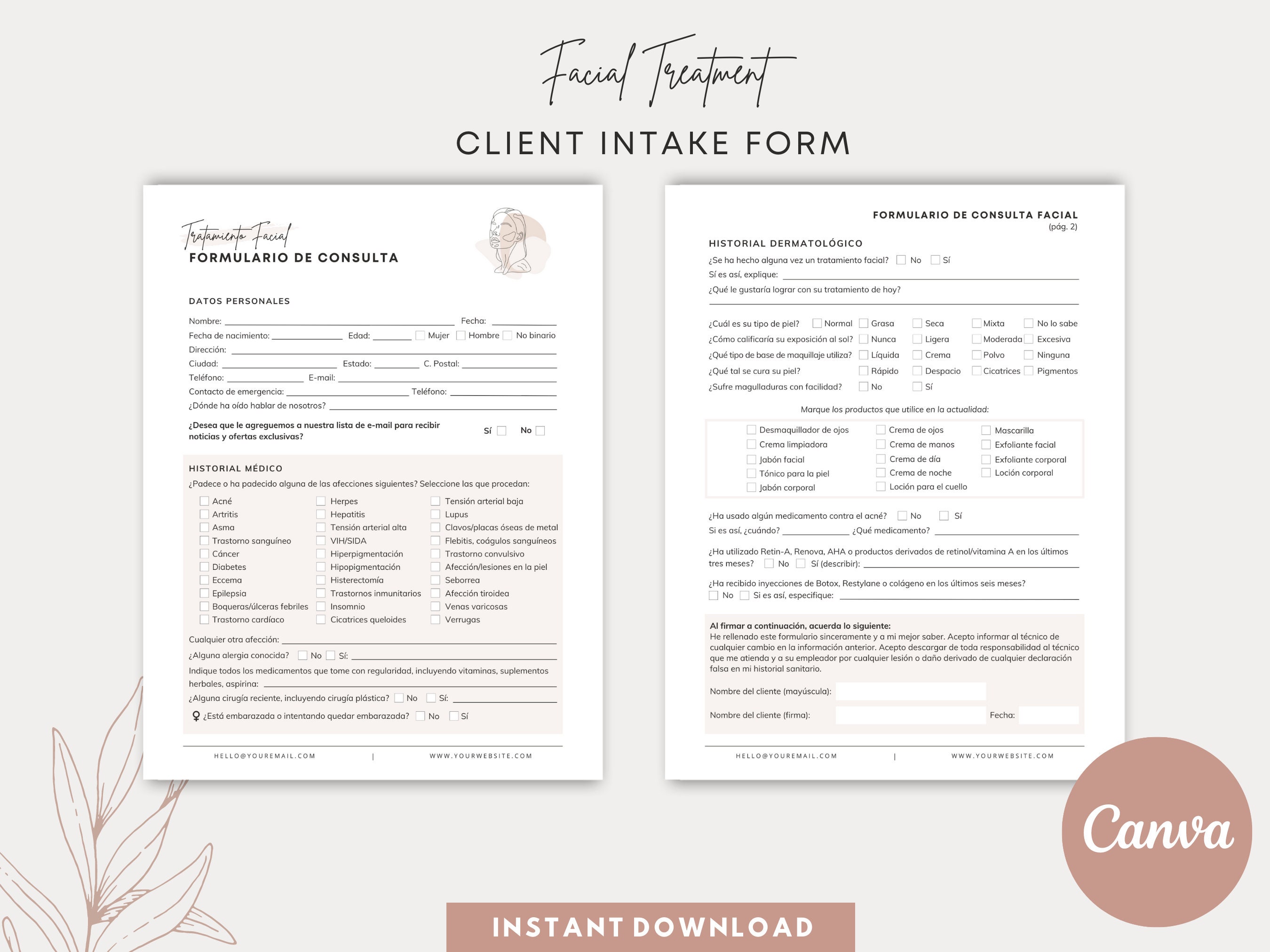 SPANISH (ESPAÑOL) - Facial Treatment Forms - Editable Esthetician ...