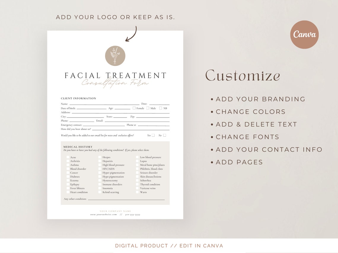 Facial Consultation Form - Editable Esthetician Form Template, Facial ...