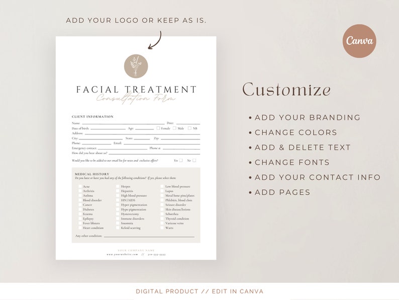 Facial Consultation Form - Editable Esthetician Form Template, Facial ...