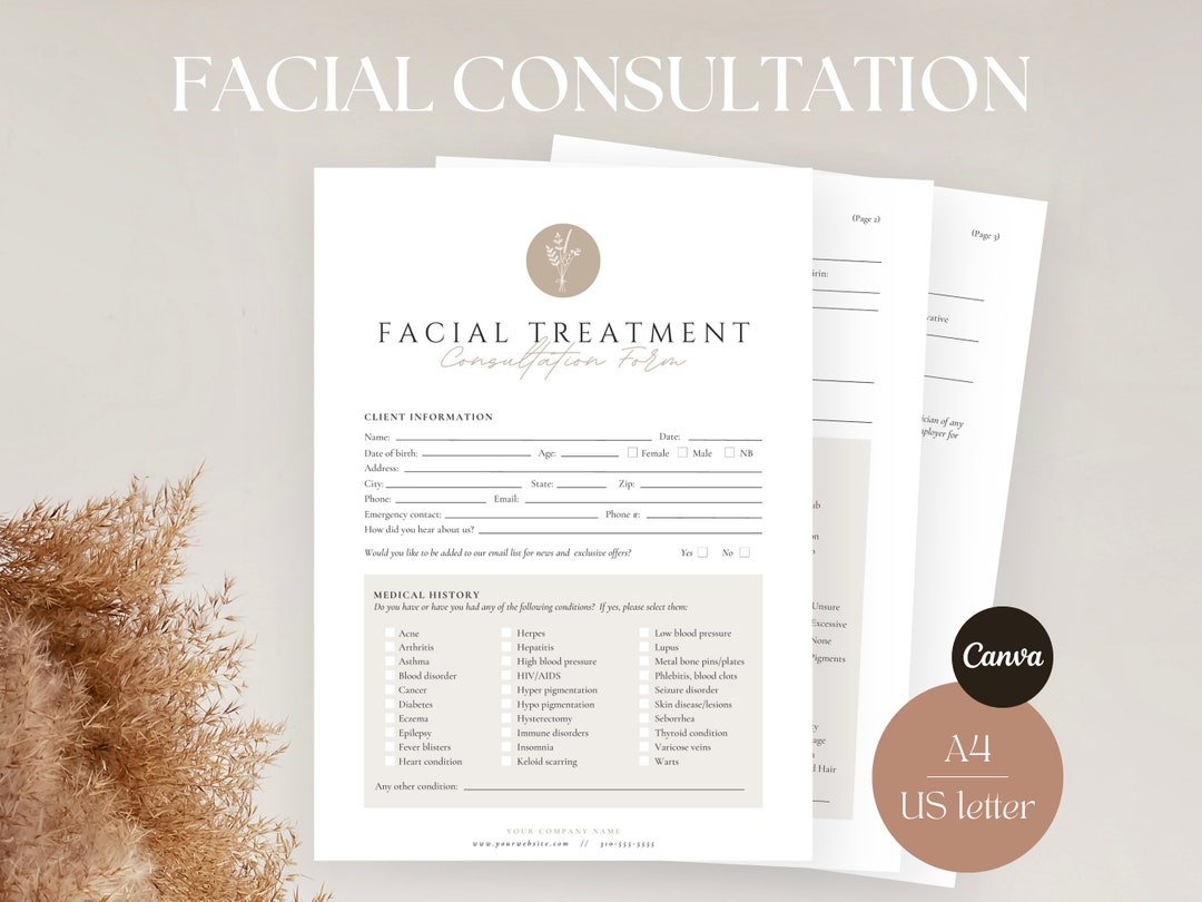 Facial Consultation Form - Editable Esthetician Form Template, Facial ...