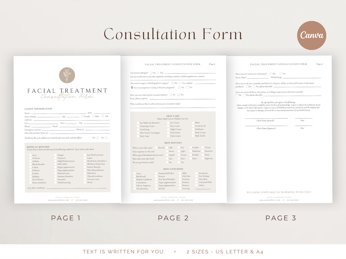 Facial Consultation Form - Editable Esthetician Form Template, Facial ...