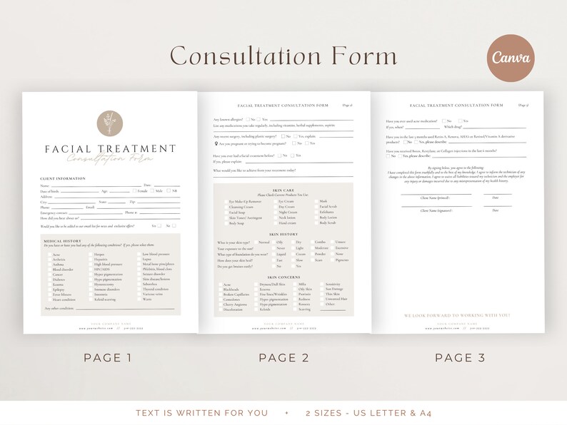Facial Consultation Form - Editable Esthetician Form Template, Facial ...