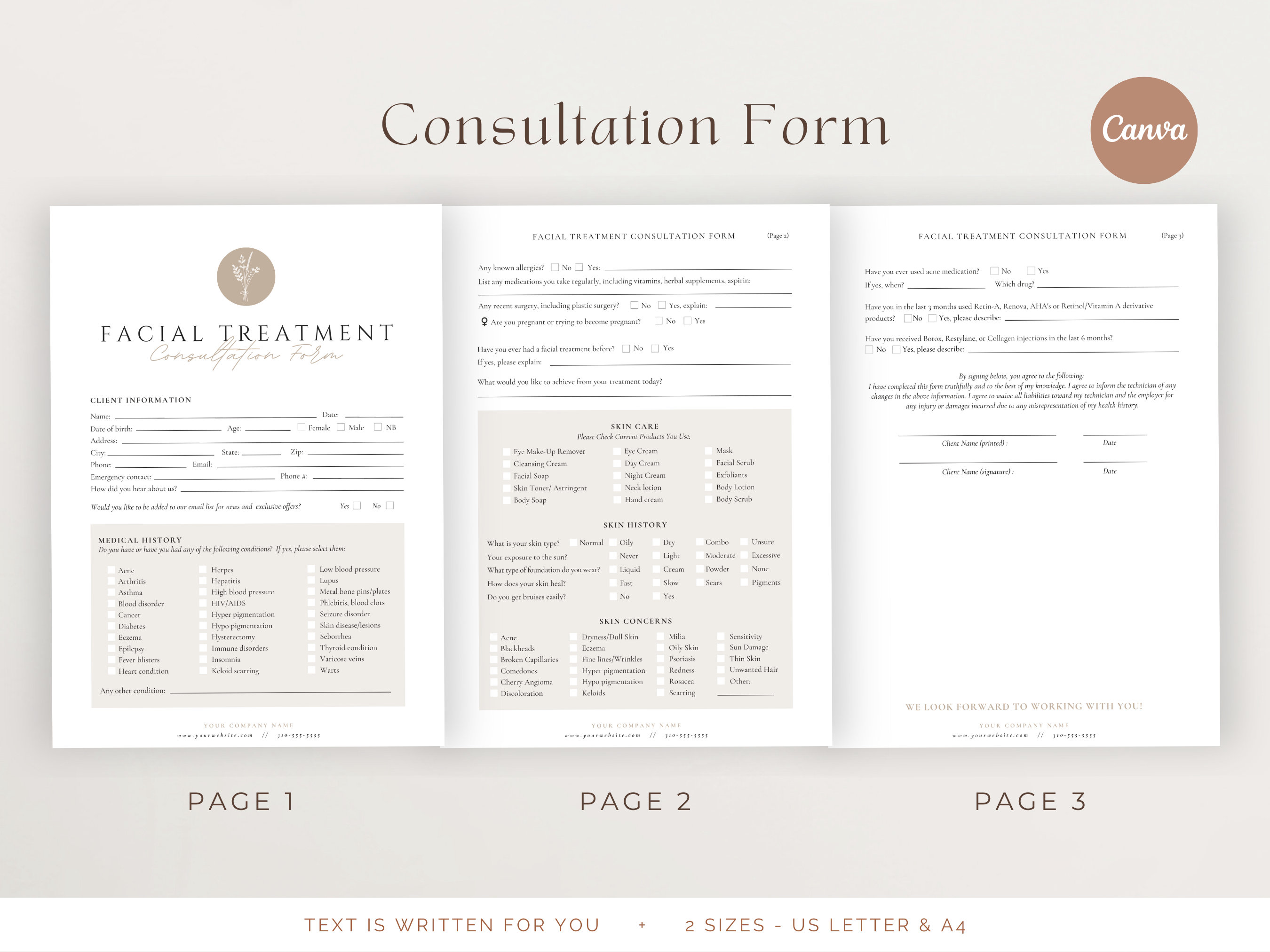 Facial Consultation Form - Editable Esthetician Form Template, Facial ...