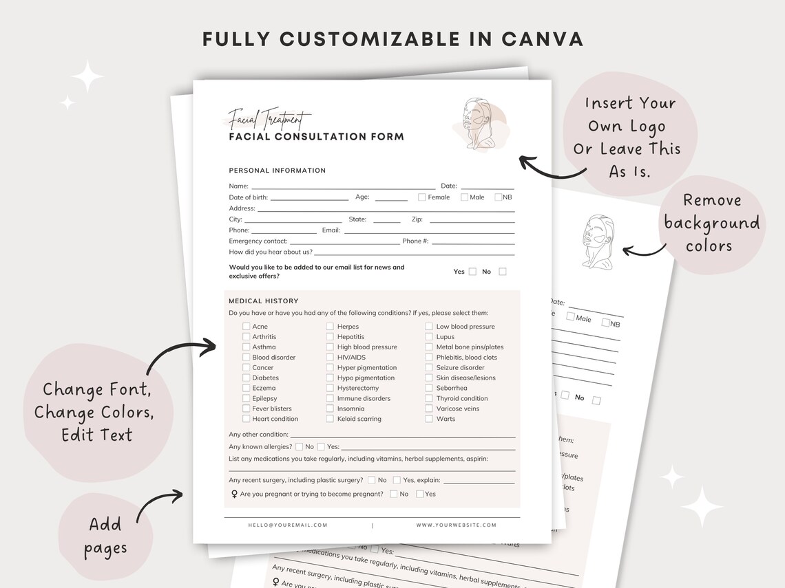 Facial Treatment Forms Editable Esthetician Templates - Etsy