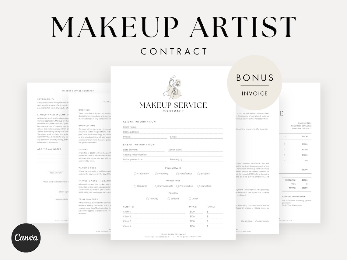 Makeup Artist Contract - Editable Template, MUA Agreement, Makeup ...