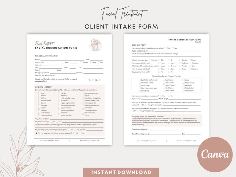 Facial Treatment Forms Editable Esthetician Templates - Etsy