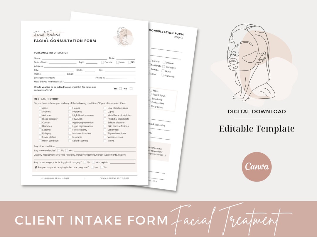 Facial Consultation Form - Editable Esthetician Form Template, Skincare ...