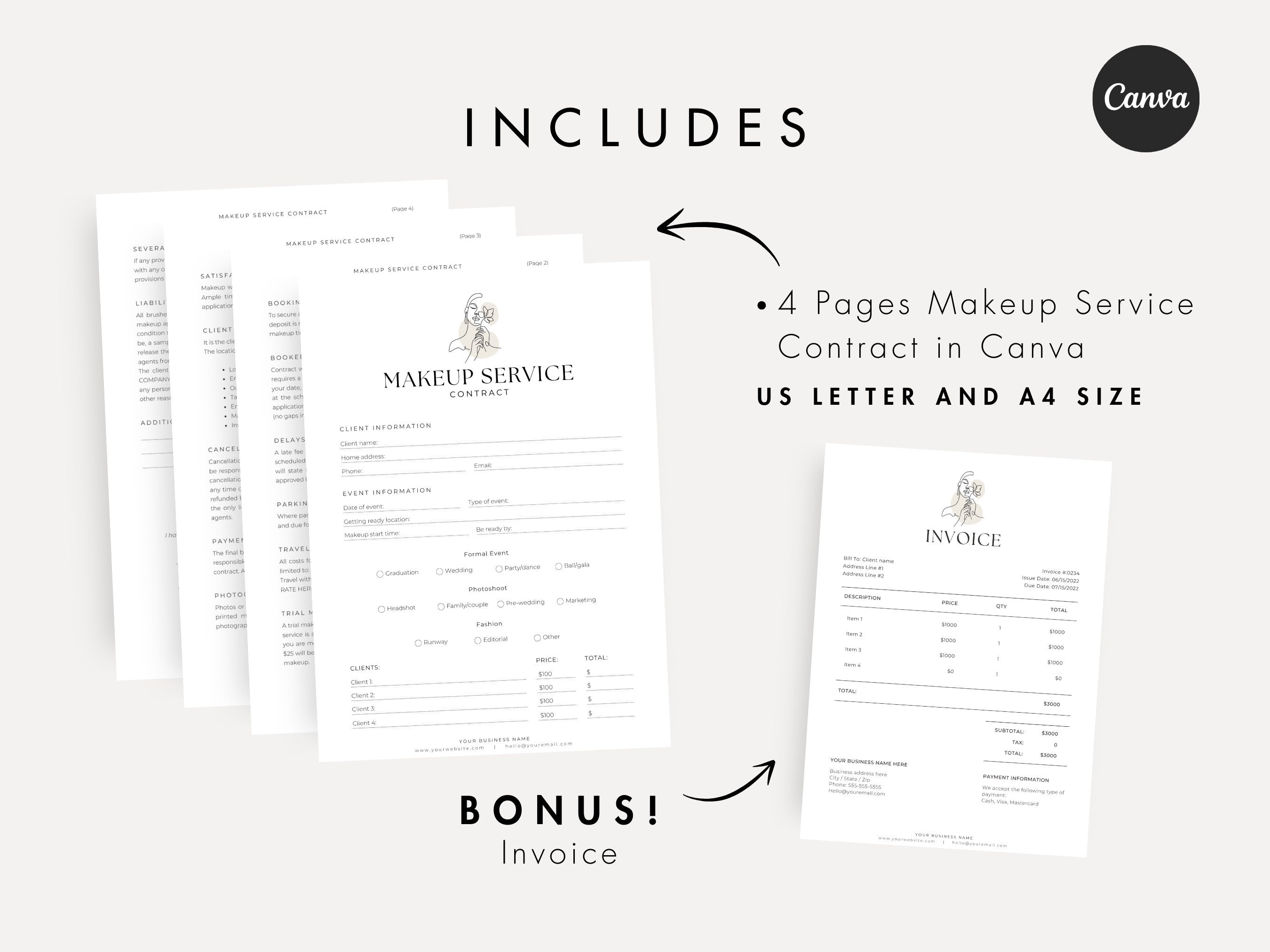 Makeup Artist Contract Editable Template, MUA Agreement, Makeup Service ...