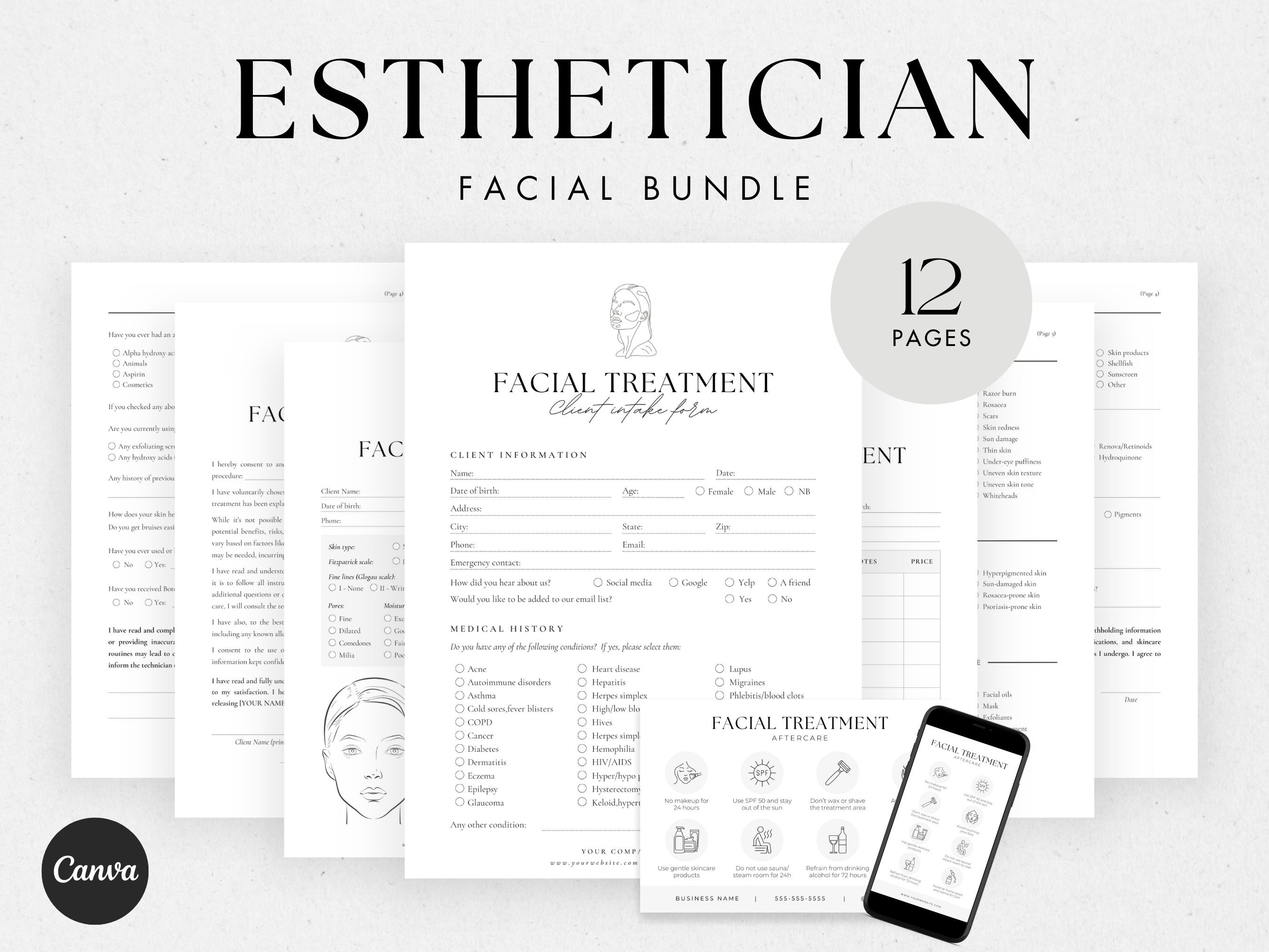 Facial Treatment Forms Editable Esthetician Templates, Printable ...