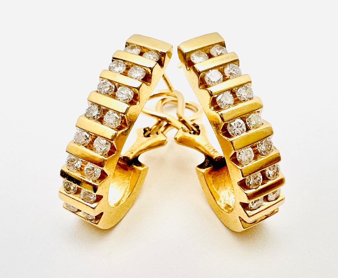 14K Yellow Gold Diamond 1.00ct Hoop Earrings With Omega Back Closure - Etsy