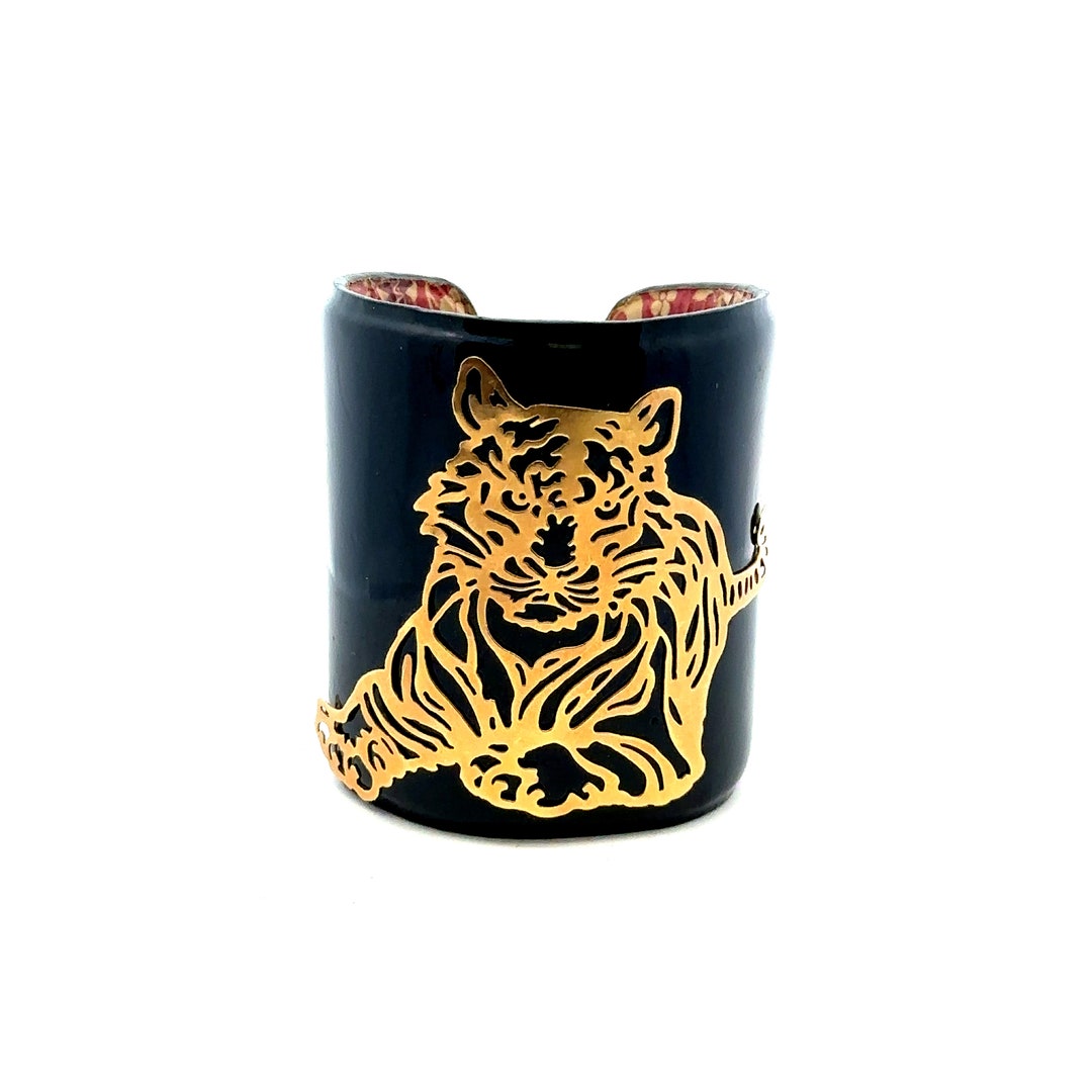 14K Yellow Gold Patent Leather Tiger Cuff Bracelet - Etsy