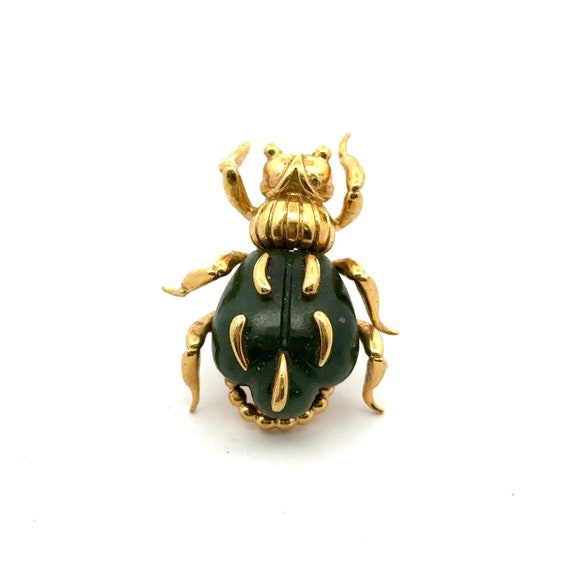 Vintage 18K Yellow Gold Jade Beetle Bug Brooch Pin - Gem