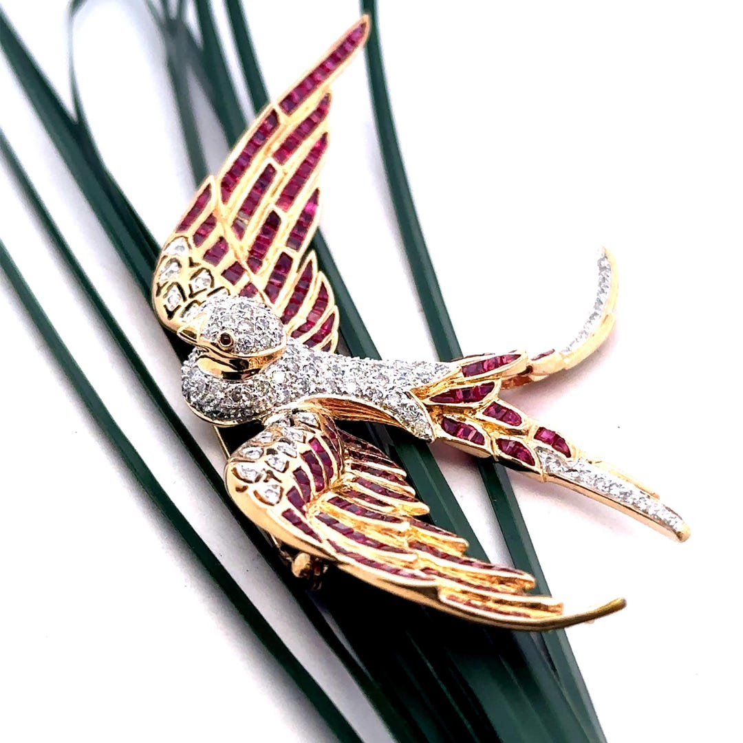 Antique 18K Yellow Gold Diamond 1.00ct Ruby Bird Brooch - Etsy