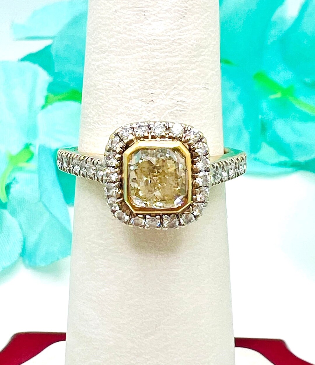 18K Yellow Gold Yellow Diamond 1.10ct Cushion Cut Halo Pave Engagement ...