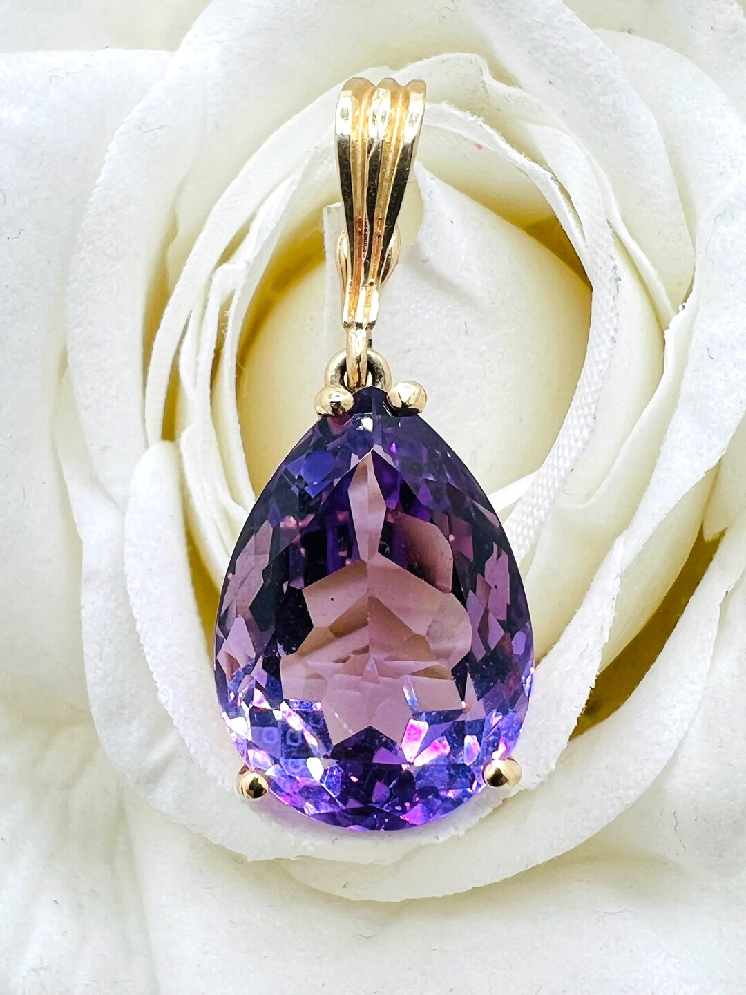 14K Yellow Gold Amethyst Big Tear Drop Pendant Necklace - Etsy