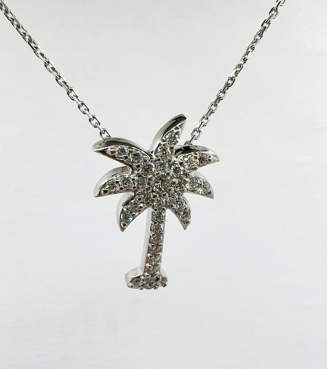 14K White Gold 0.39ct Diamond Palm Tree Pendant Necklace - Etsy