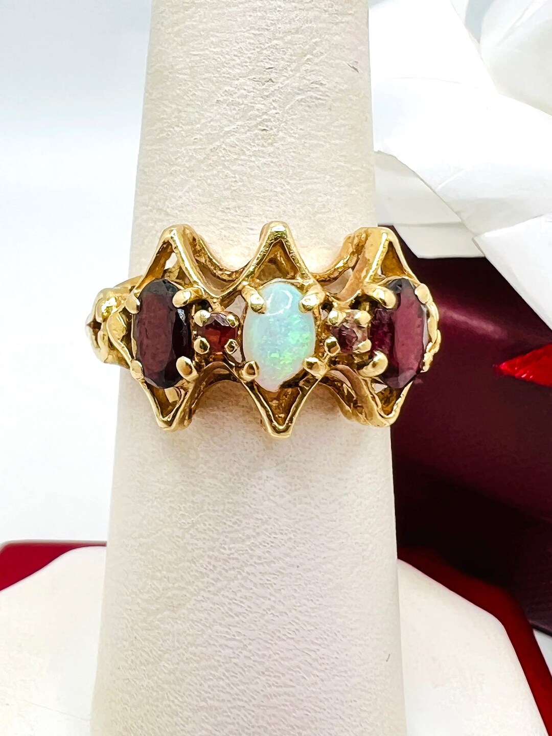 Vintage 14K Yellow Gold Ruby & Opal Ring Size 6.75 - Etsy