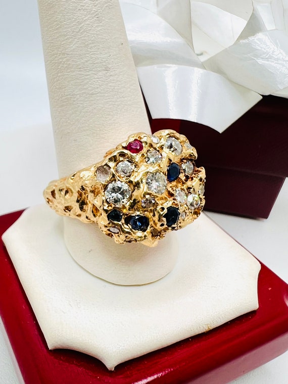 Handmade 14K Yellow Gold Ruby Sapphire Diamond Ring s… - Gem