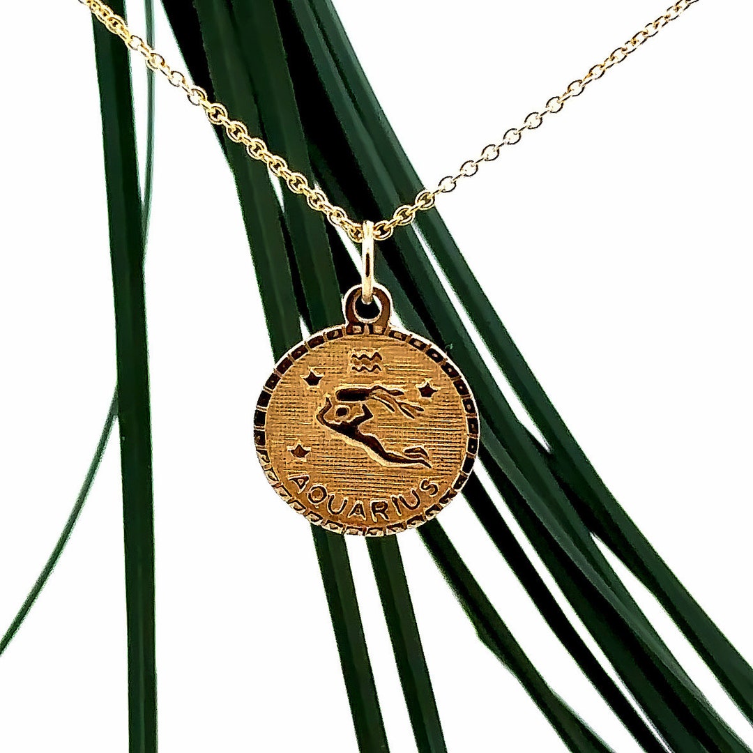 14K Yellow Gold Zodiac Aquarius Coin Pendant - Etsy