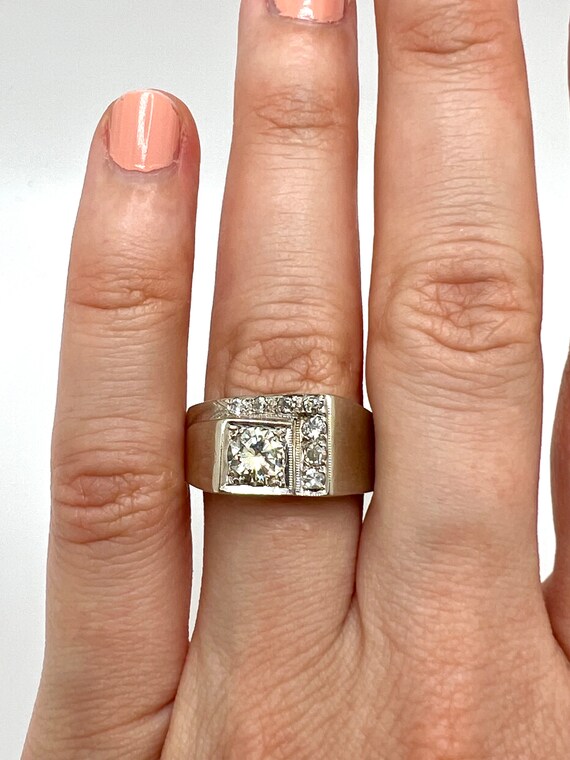 14K White Gold Diamond 0.80ct Men’s Dome Ring With Of… - Gem