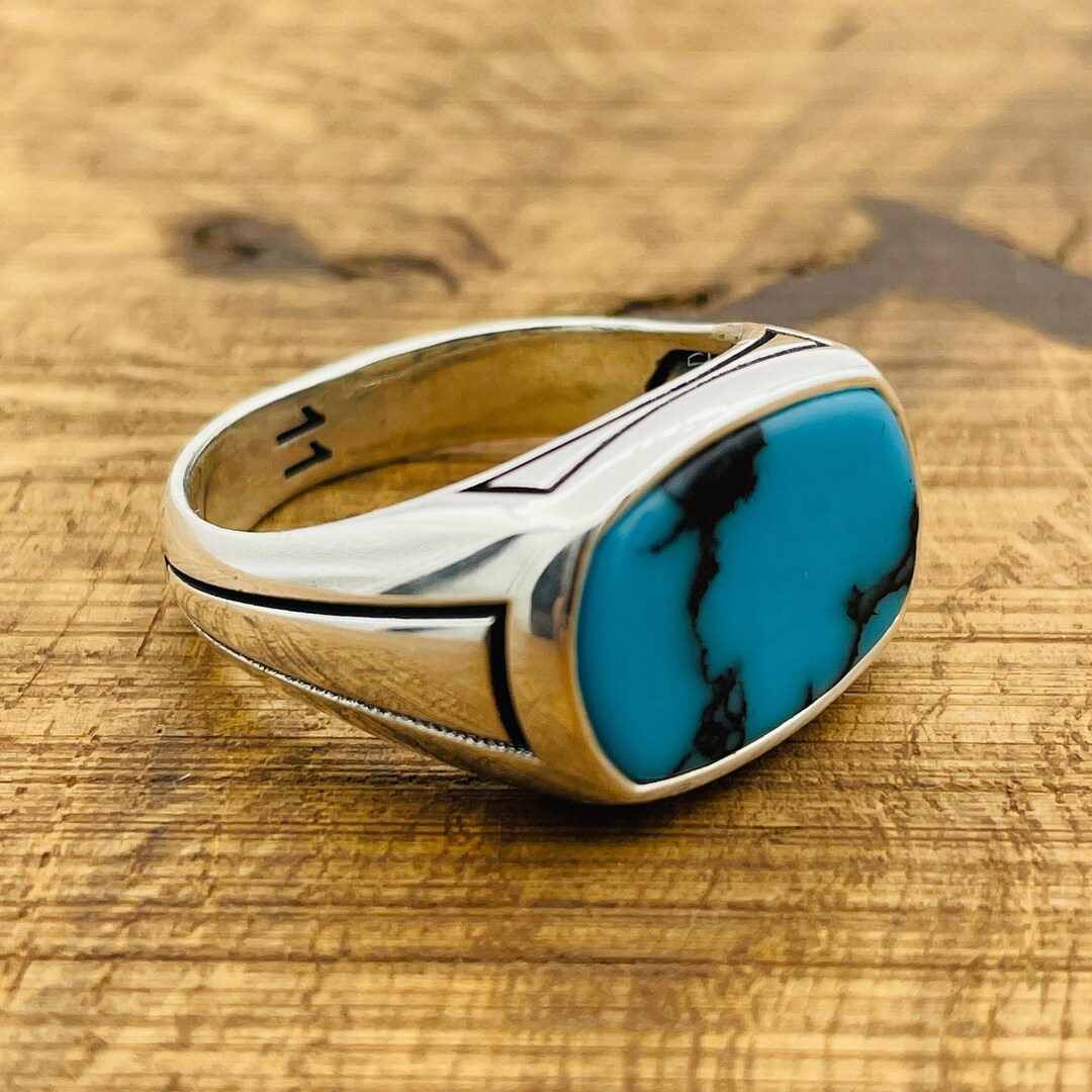 Mens Rectangle Blue Turquoise Stone Ring, Turkish Handmade Sterling ...