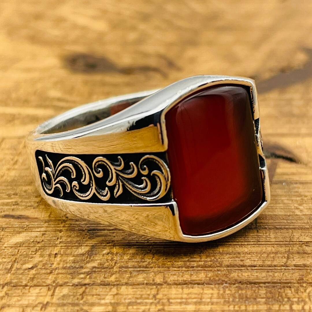 Mens Handmade Agate Stone Silver Ring, Red Square Agate Stone Mens ...