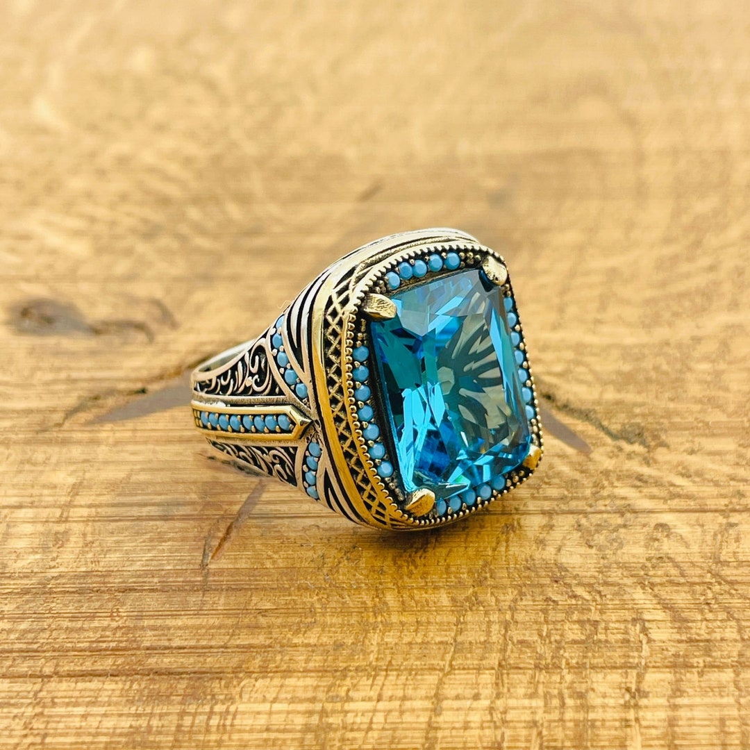Aquamarine Stone 925k Sterling Silver Ring, Blue Square Stone Ring, Turkish Ring, Handmade Ring ...