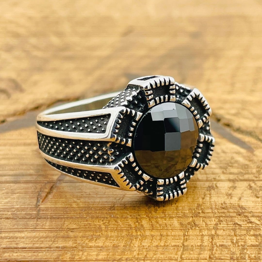 Minimal Stone Silver Handmade Ring Men, Embroidered Ring ,black Oval ...
