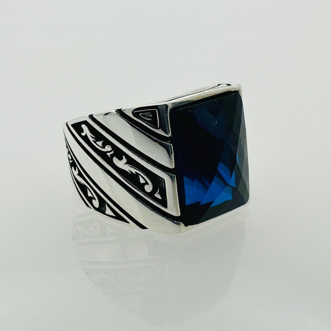 Men Blue Sapphire Ring , Square Blue Stone Ring, Handmade Turkish Ring ...
