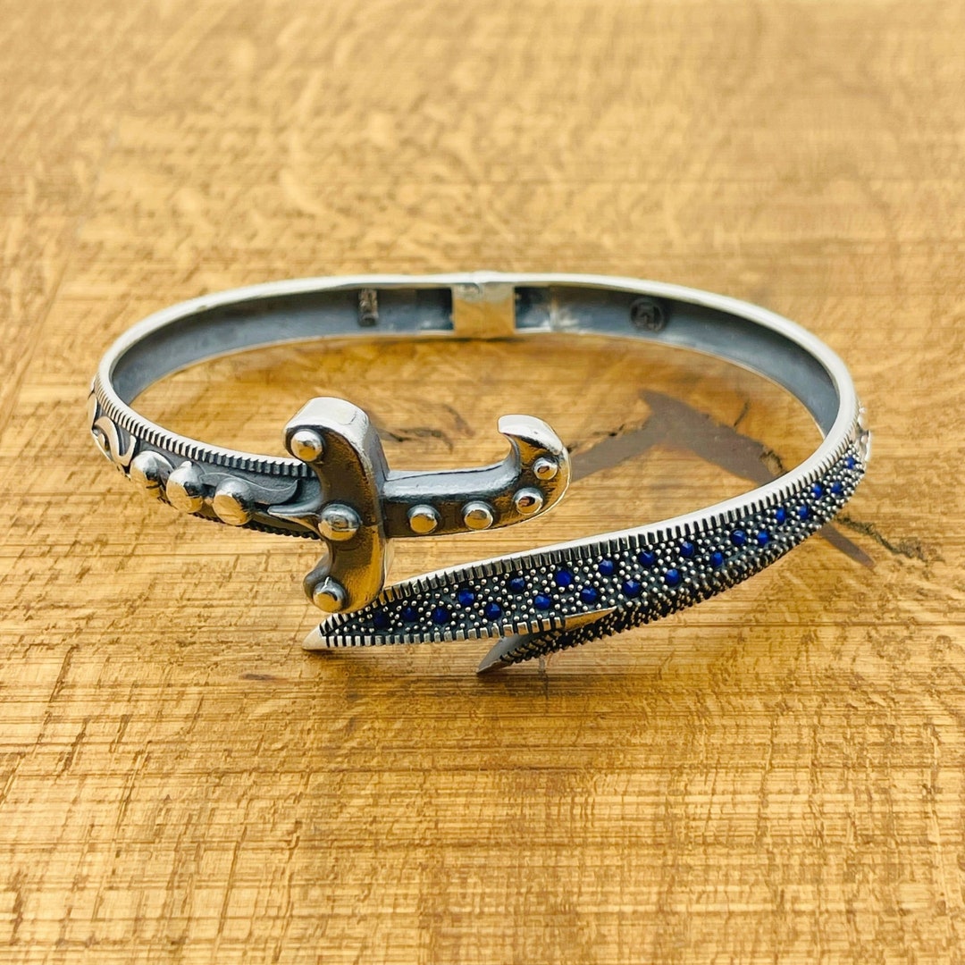 Men Adjustable Blue Sapphire Stone Bracelet Cuff Sword Design - Etsy
