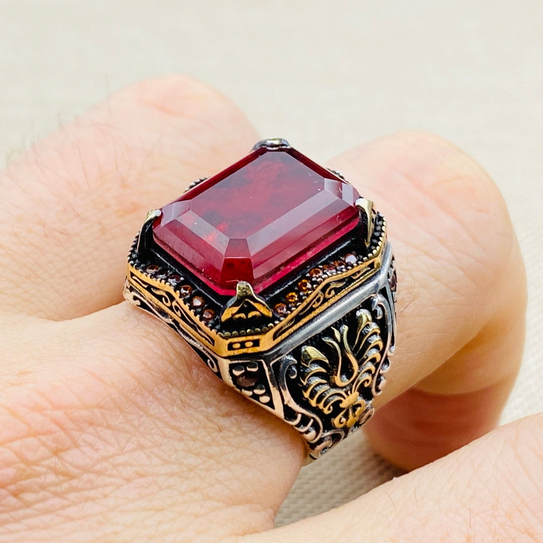 Mens Red Ruby Stone Silver Ring, Handmade Jewelry Ring, Turkish Ring ...