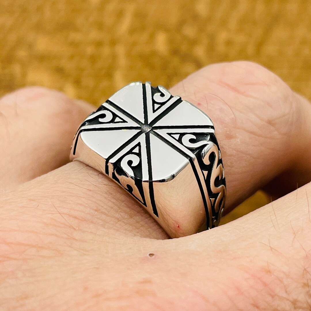 Hand Embroidered Square Model Silver Ring, Men's Silver Ring, Turkish ...