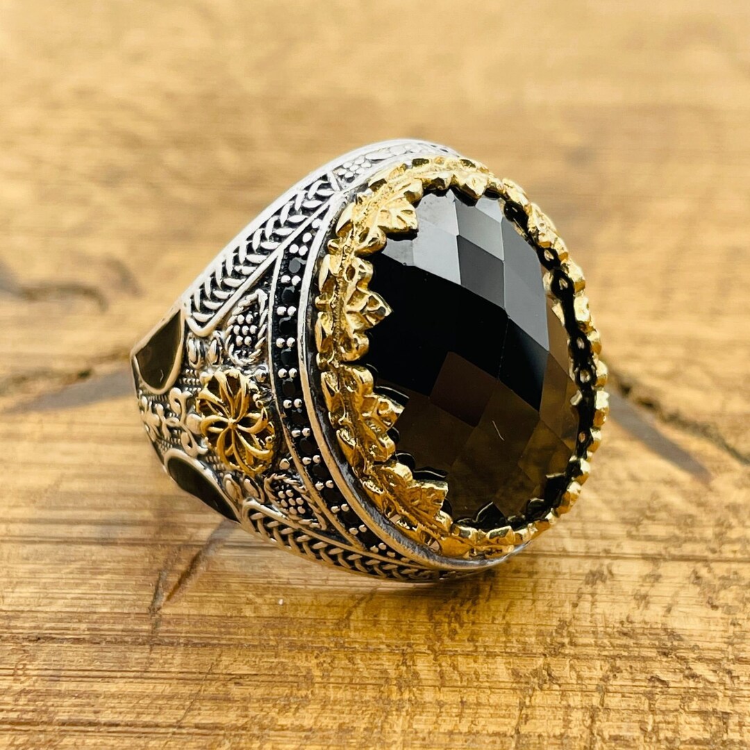 Handmade Oval Ottoman Style Men Ring, Men Black Zircon Silver Ring ...