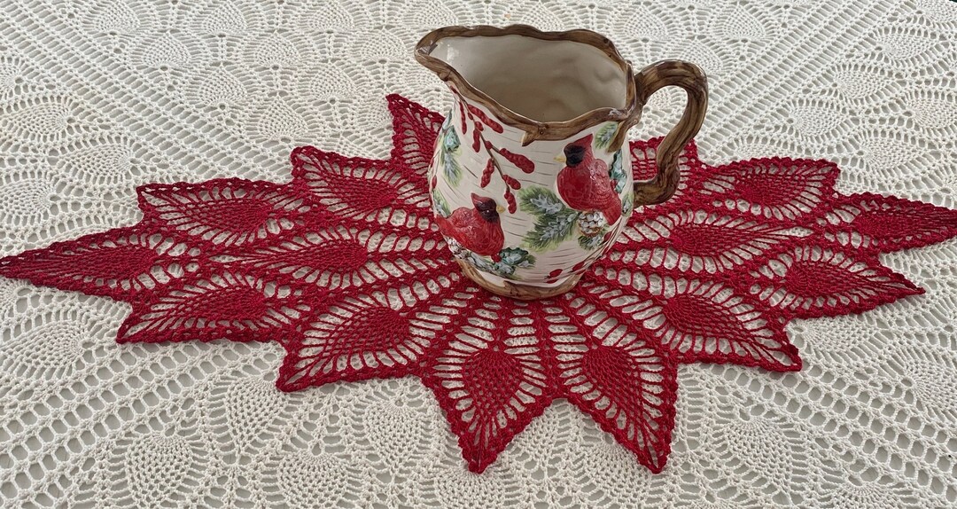 Red Oblong Doily, Red Pineapple Doily, Linens, Dollies, Shabby Chic ...