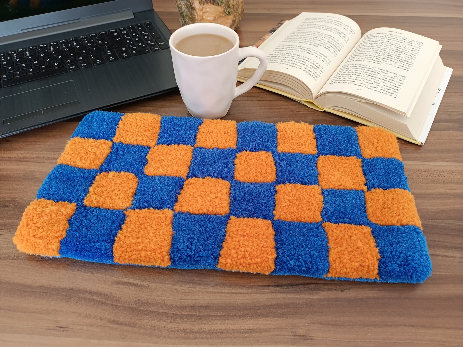 Checkered Desk Top Blue Orange Decor Tufting Rug Gift for - Etsy